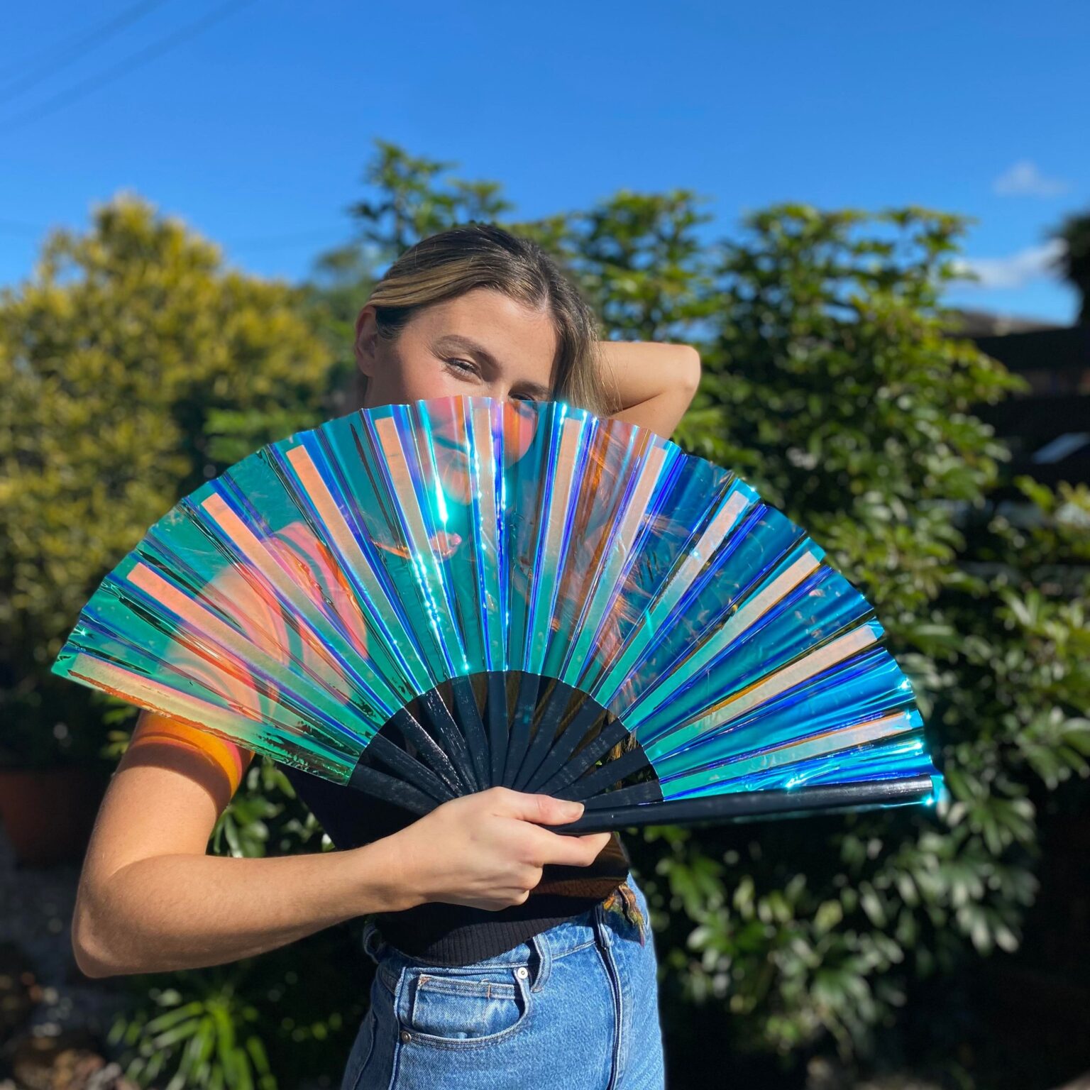 Holographic Hand Fan – Turquoise – Outdoor Fun Shop