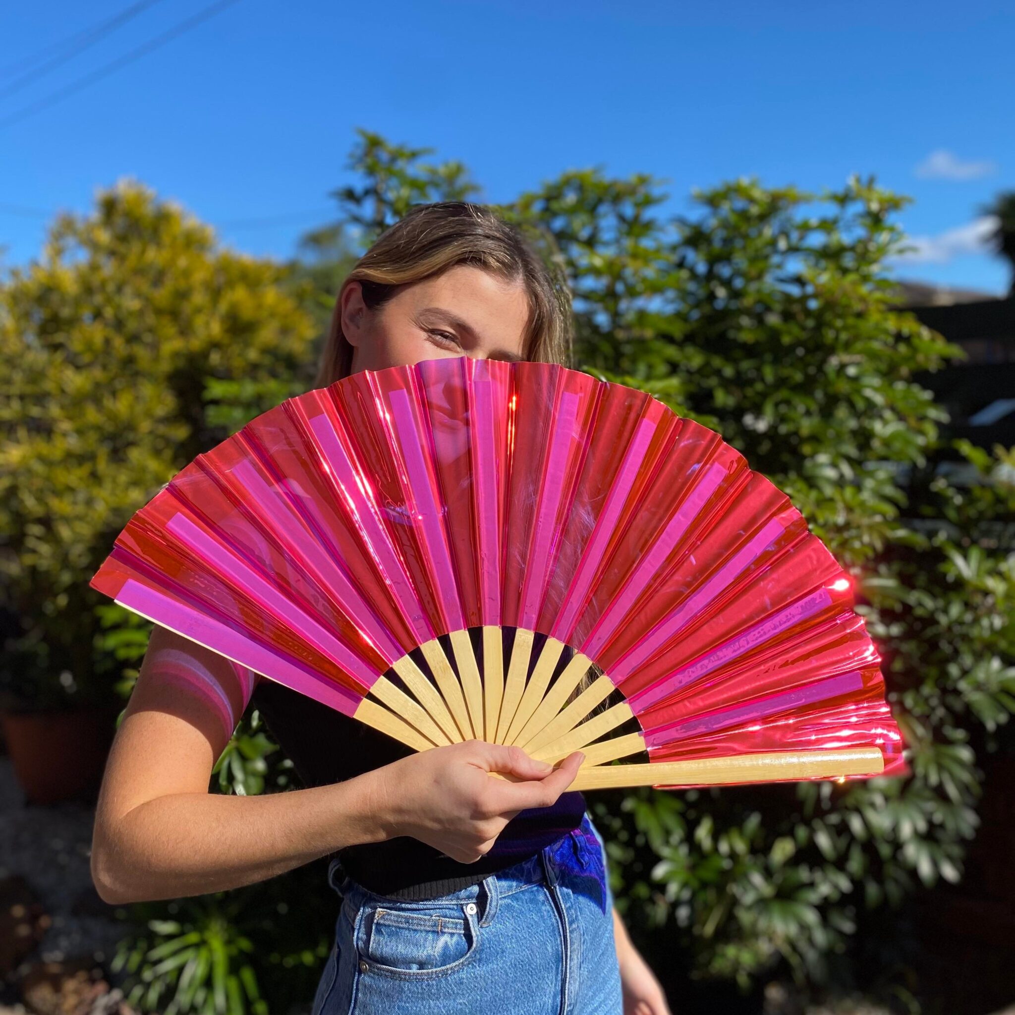 Holographic Hand Fan – Pink – Outdoor Fun Shop